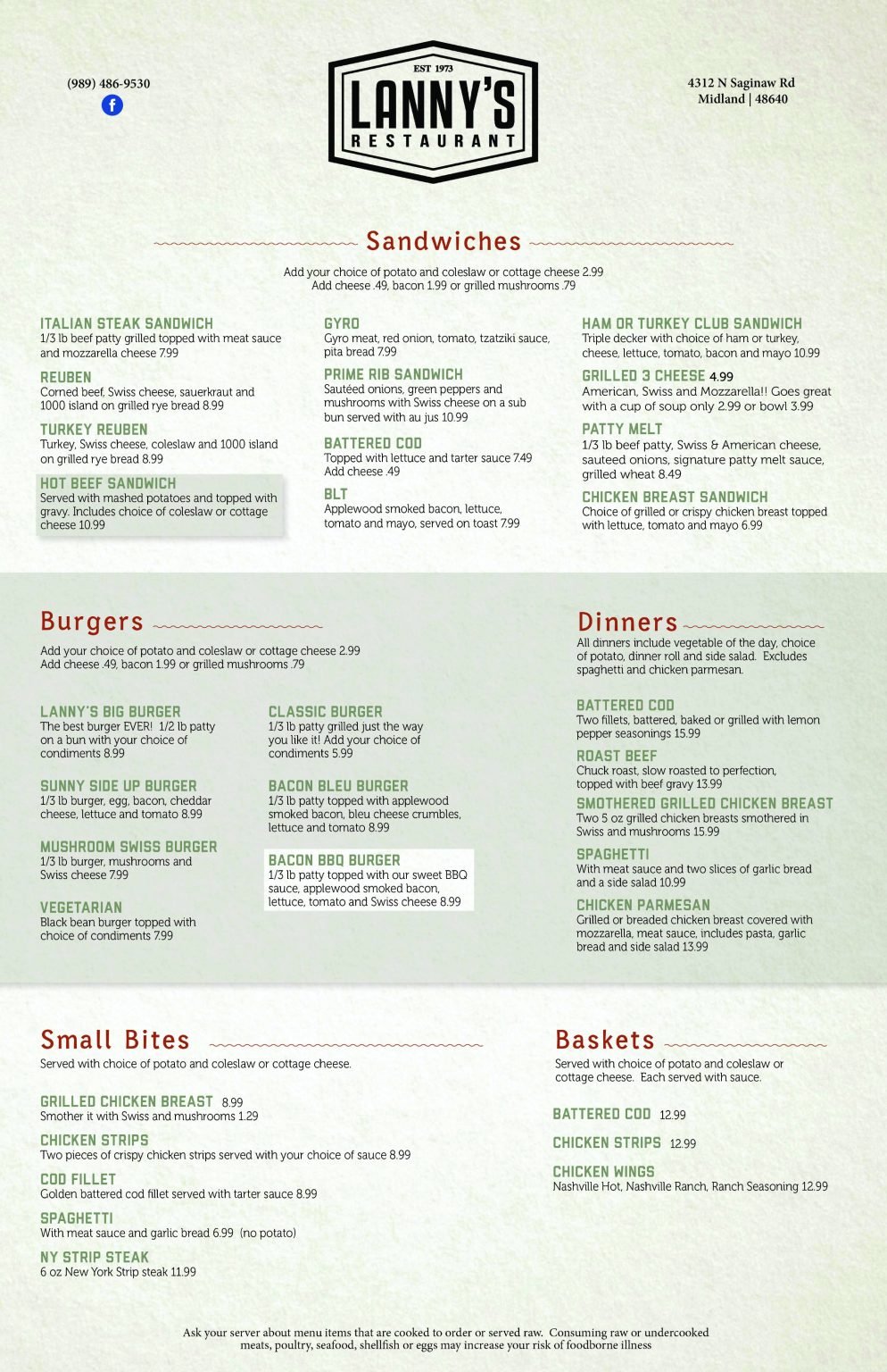 Menu | Lanny's Restaurant